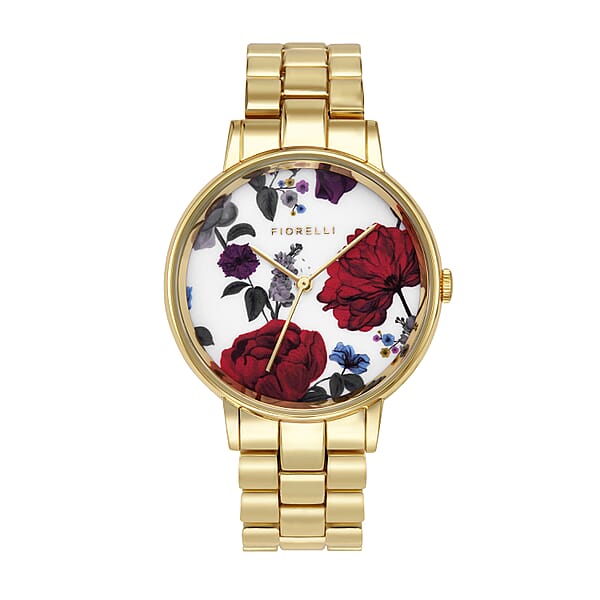 Fiorelli Ladies Watch with Round Red Floral Dial and Gold Tone Bracelet ...