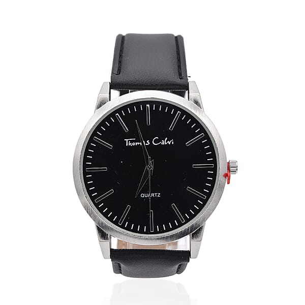 Thomas Calvi Silver Tone Sunray Dial Watch with Black Strap - 6298258 - TJC