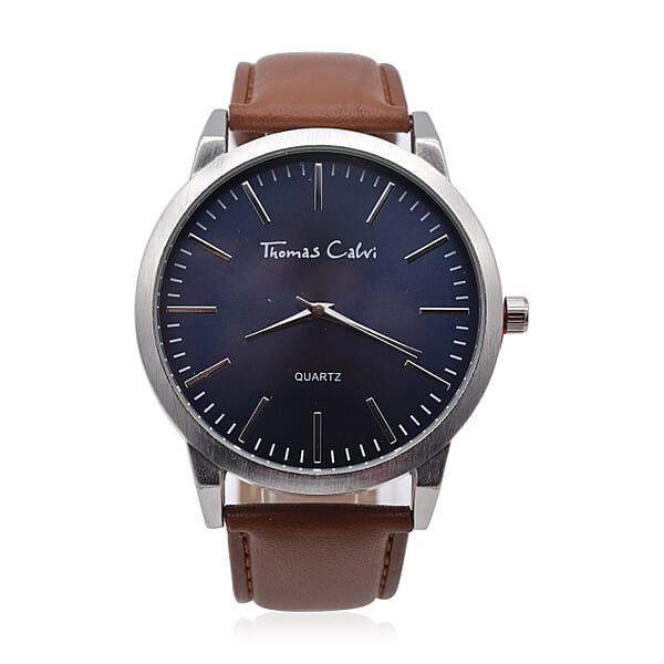 Thomas Calvi Silver Tone with Blue Dial Watch with Tan Strap - 6298259 ...
