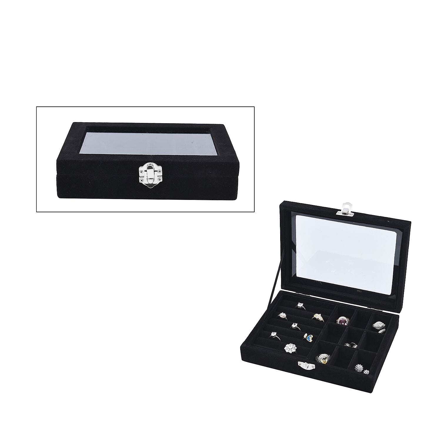 Velvet Jewellery Box: Ring + 9 Sections Box, Glass Window with Steel ...