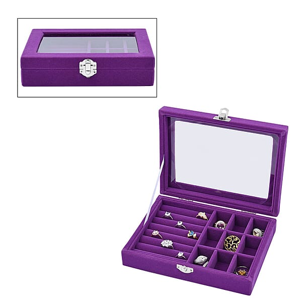 Velvet Jewellery Box- Ring - 9 Sections Box, Glass Window with Steel ...