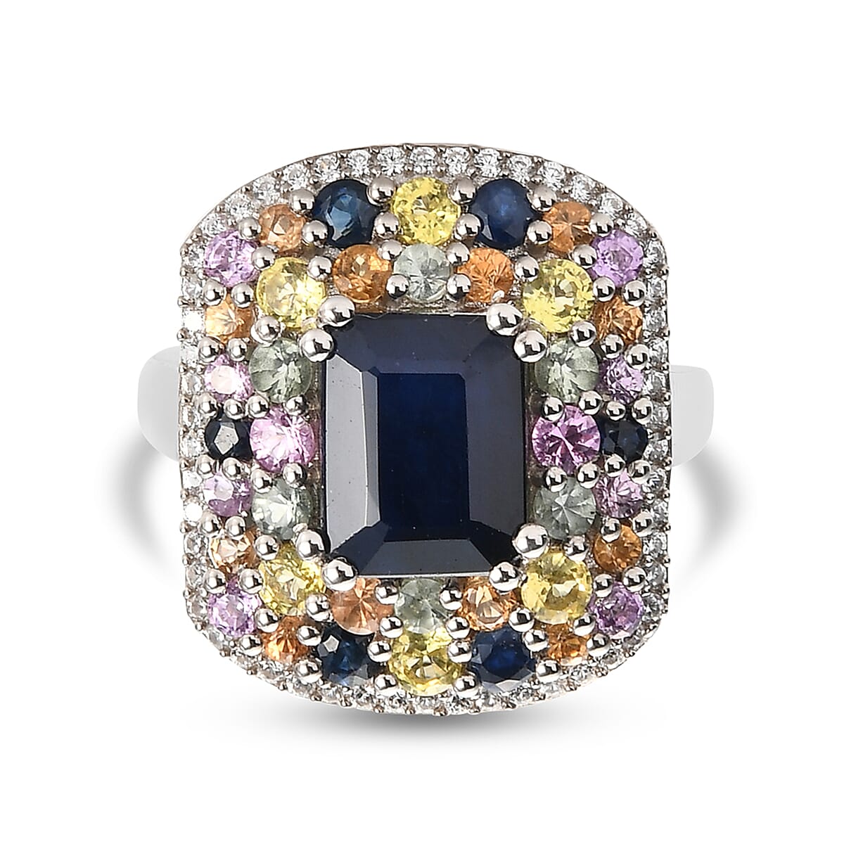Blue Sapphire and Multi Gemstones Ring in Platinum Plated Sterling ...