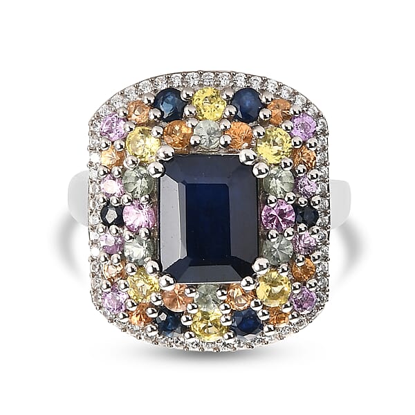 Blue Sapphire and Multi Gemstones Ring in Platinum Plated Sterling ...