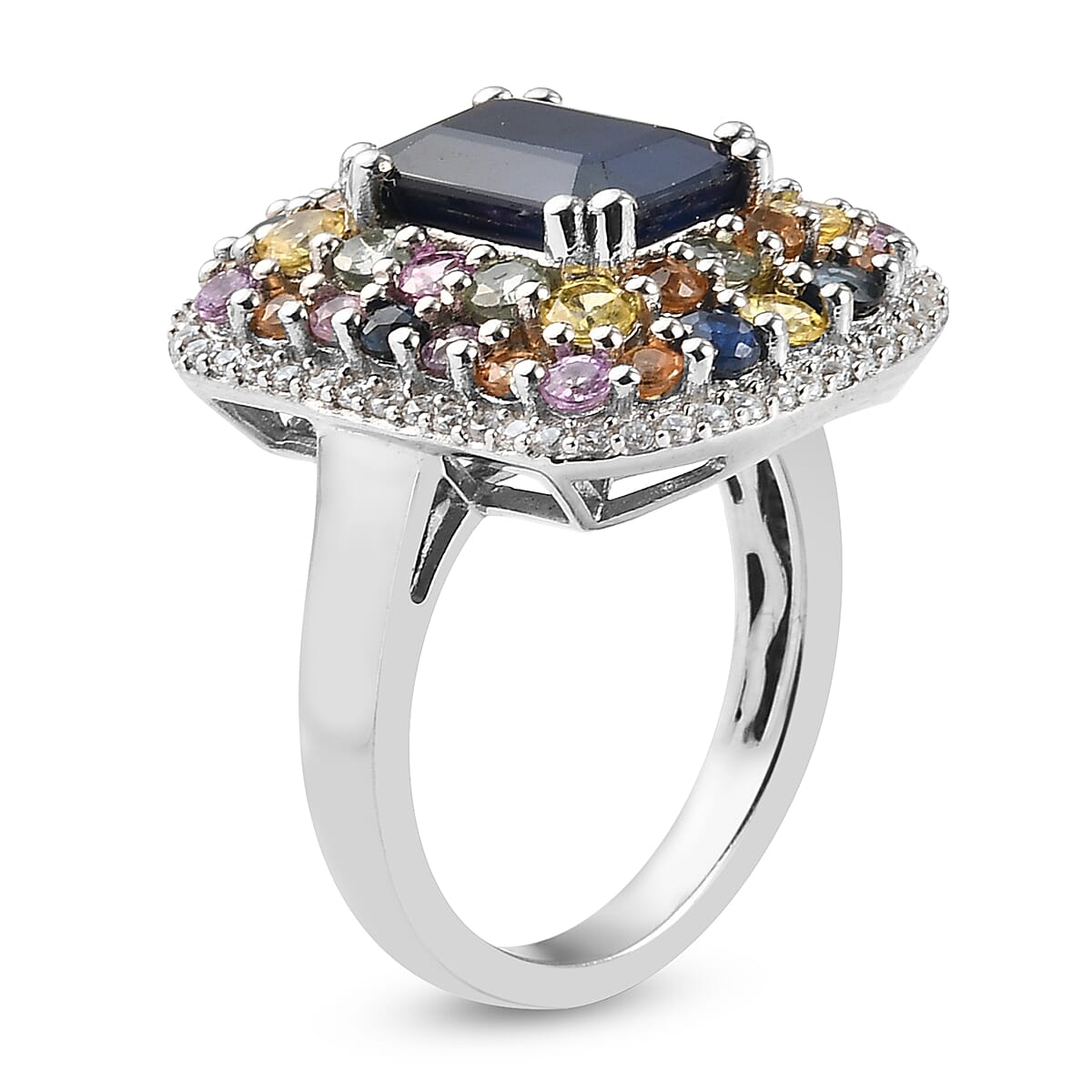 Blue Sapphire and Multi Gemstones Ring in Platinum Plated Sterling ...