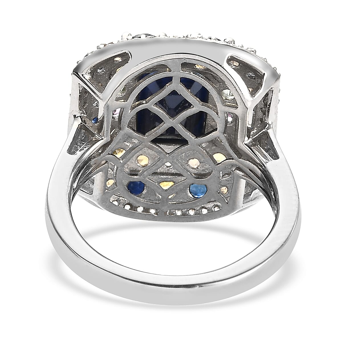Blue Sapphire and Multi Gemstones Ring in Platinum Plated Sterling ...