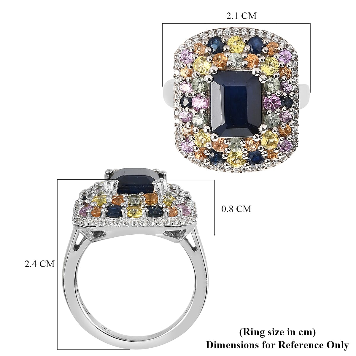 Blue Sapphire and Multi Gemstones Ring in Platinum Plated Sterling ...