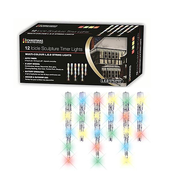 12 Multi Coloured LED Icicle Battery Operated Timer Chaser Lights ...