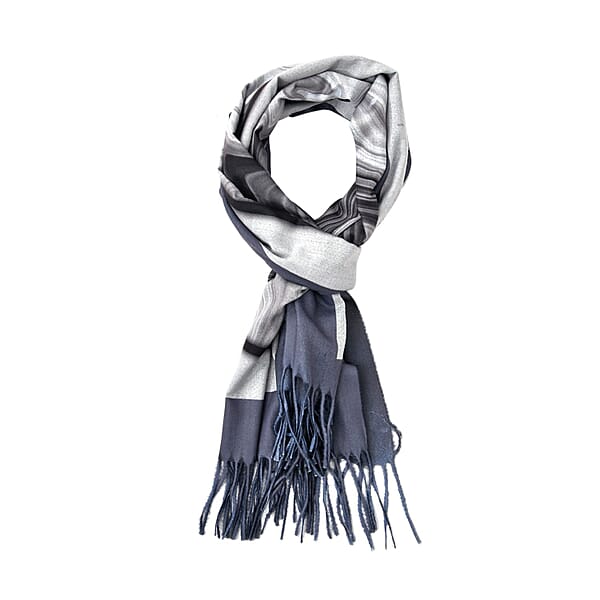 Printed Scarf with Tassel - Grey & White - 1652397924 - TJC