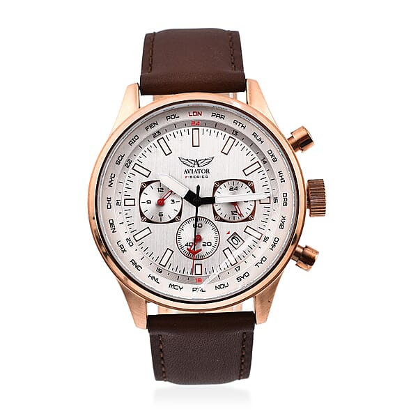 Closeout Deal - Aviator Mens White Dial Watch with Brown Leather Strap ...