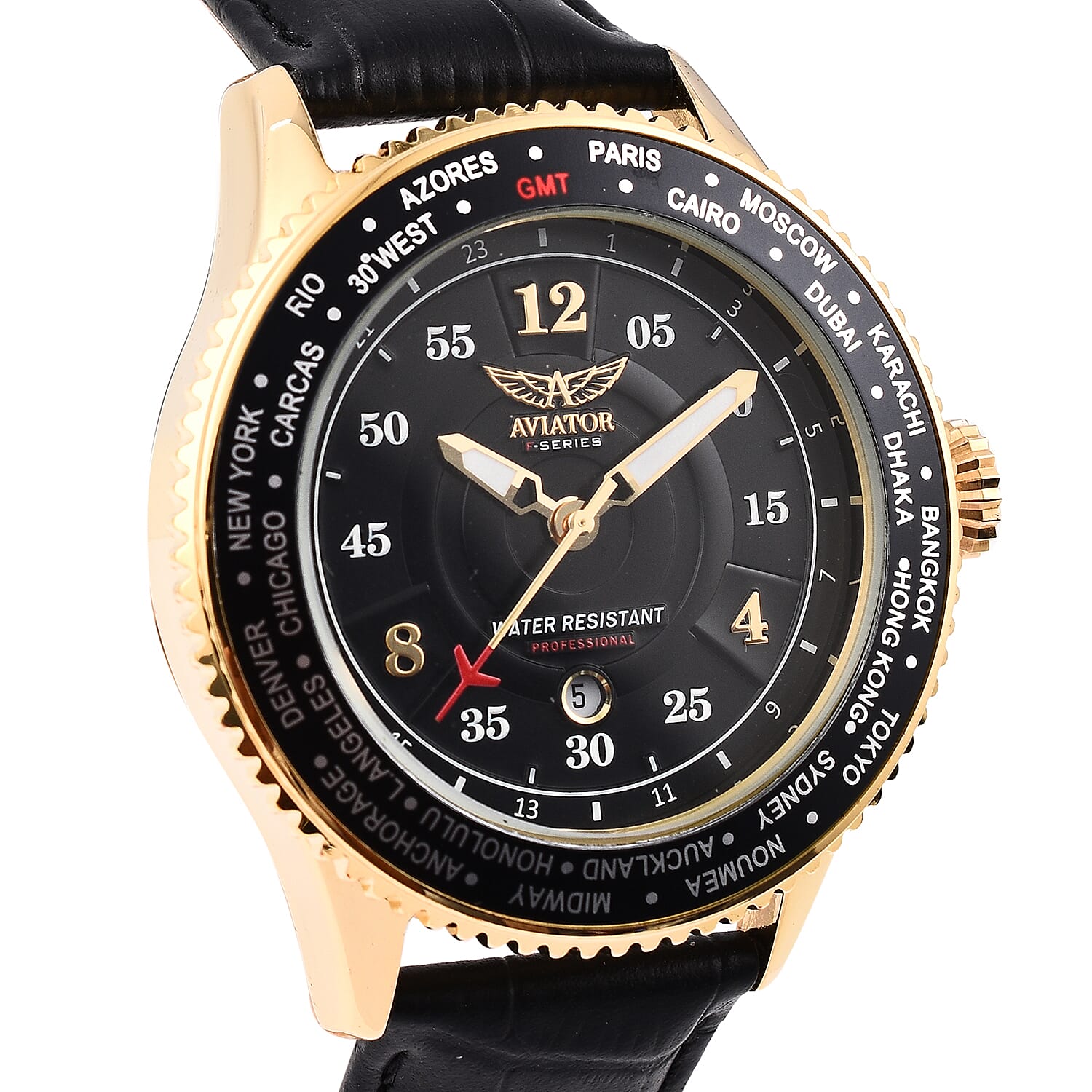 Closeout Deal - Aviator Mens Black Dial Watch with Black Leather Strap ...