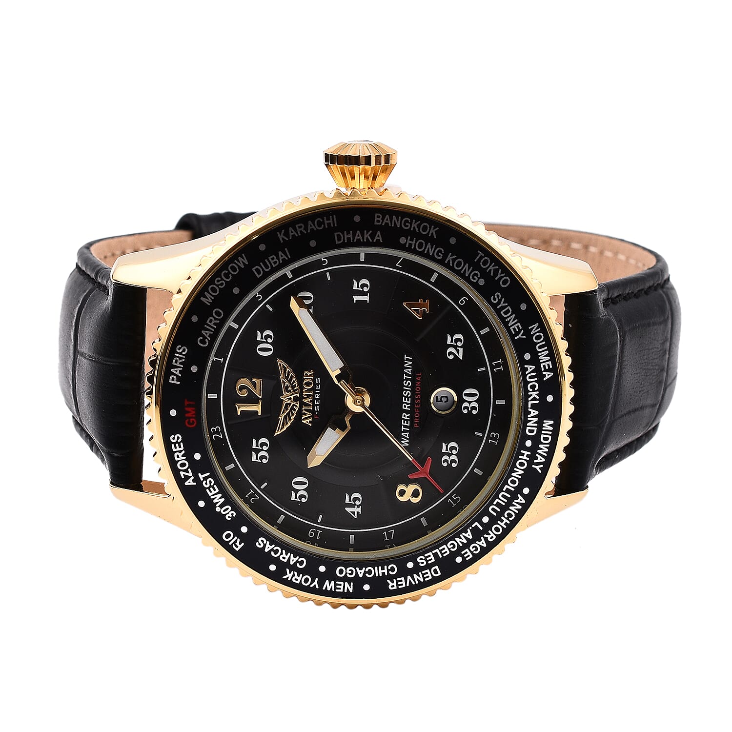 Closeout Deal - Aviator Mens Black Dial Watch with Black Leather Strap ...
