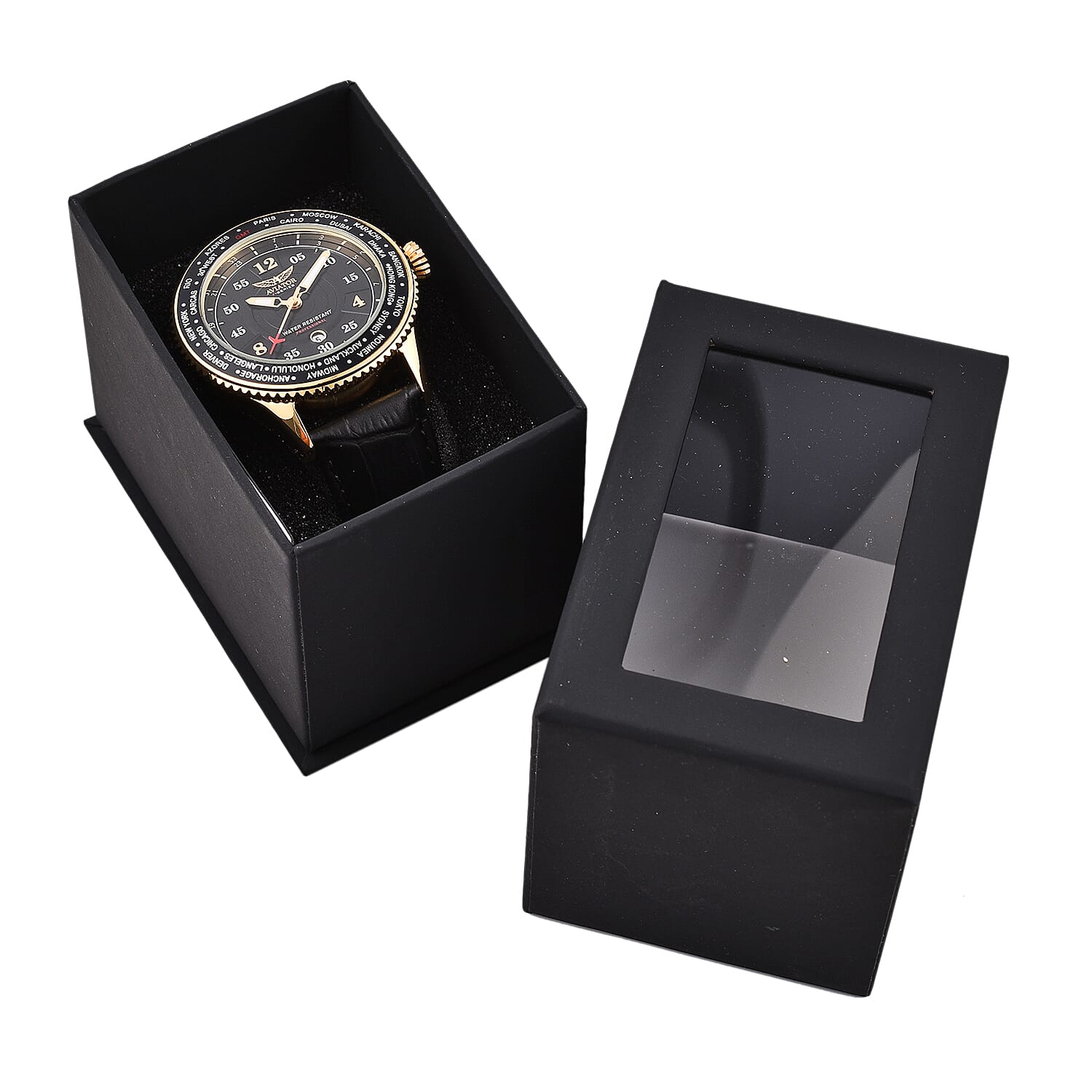Closeout Deal - Aviator Mens Black Dial Watch with Black Leather Strap ...
