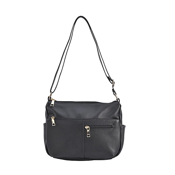 Leather Solid Crossbody Bag (Size 28x11x22 cm) - Black & Black ...