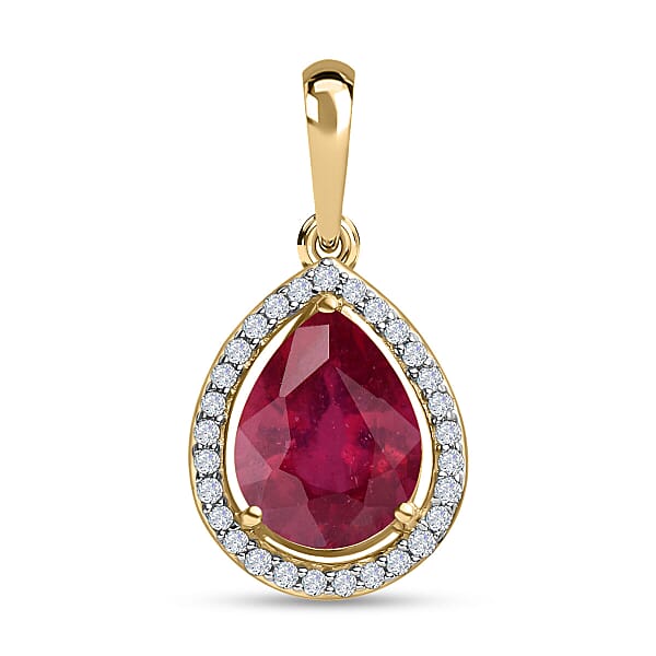 9K Yellow Gold AA Fissure Filled Ruby and Zircon Halo Pendant 2.36 Ct ...