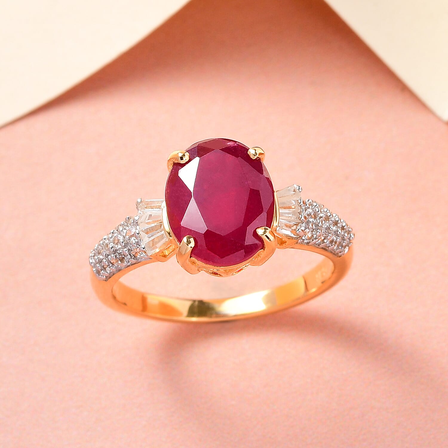 Fissure Filled Ruby and White Zircon Classic Solitaire Ring in Vermeil ...