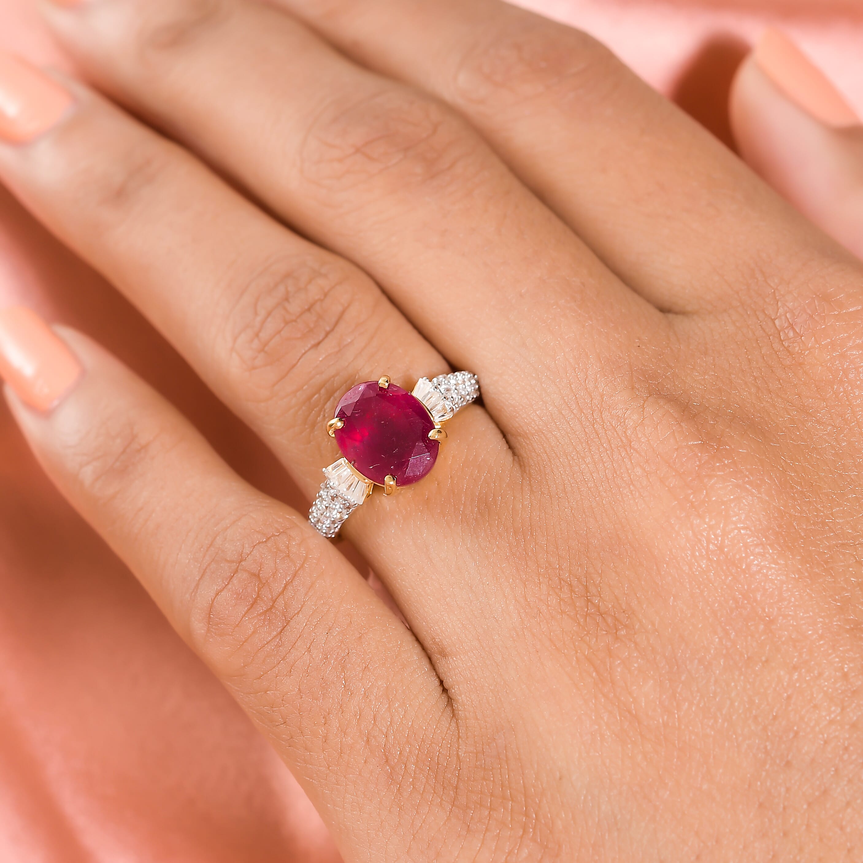 Fissure Filled Ruby and White Zircon Classic Solitaire Ring in Vermeil ...