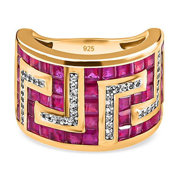 African Ruby and Natural Cambodian Zircon Greek Key Ring in 18K Vermeil ...