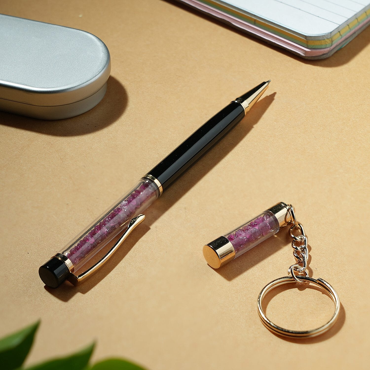 Ruby Filled Ball Pen with Keychain Extra Refill - Golden and Black ...