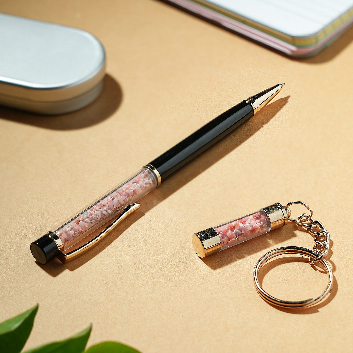 Peach Opal Filled Ball Pen with Keychain Extra Refill - Golden and ...