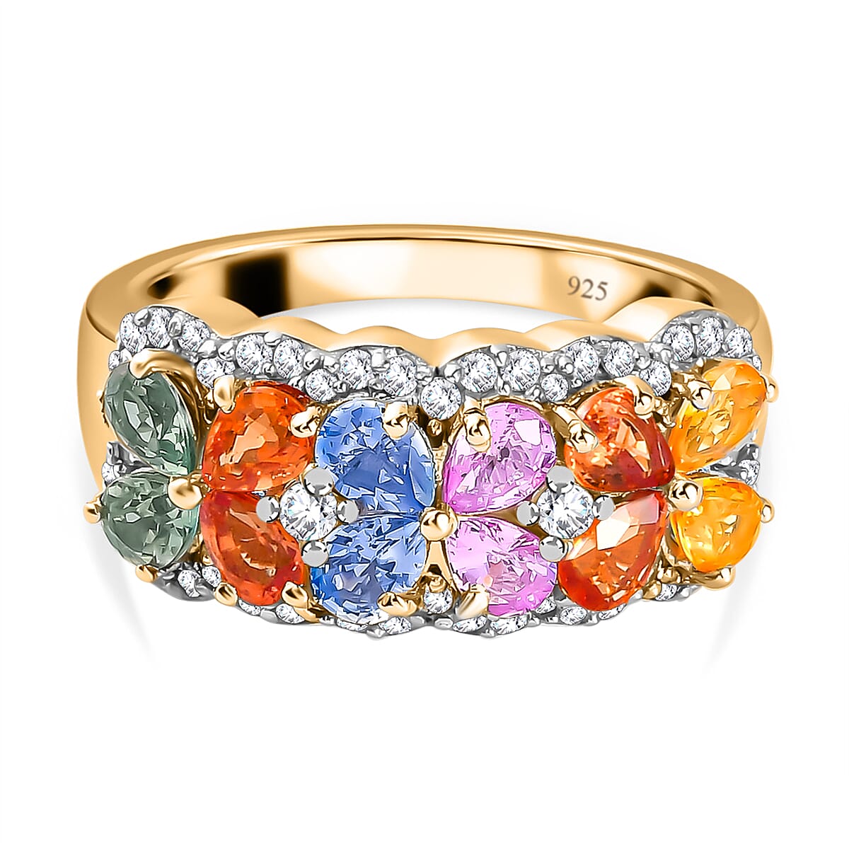 Pink Sapphire & Multi Gemstone Cluster Ring in 18K Yellow Gold Vermeil Plated Sterling Silver ...