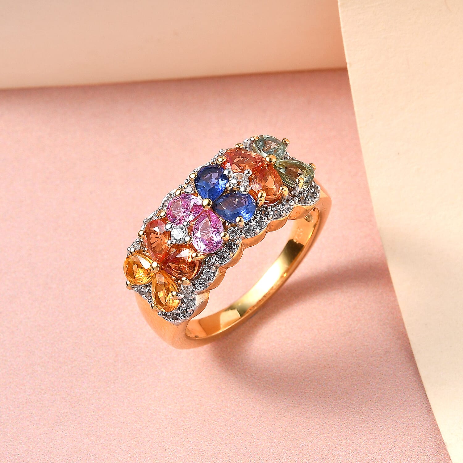 Pink Sapphire & Multi Gemstone Cluster Ring in 18K Yellow Gold Vermeil Plated Sterling Silver ...