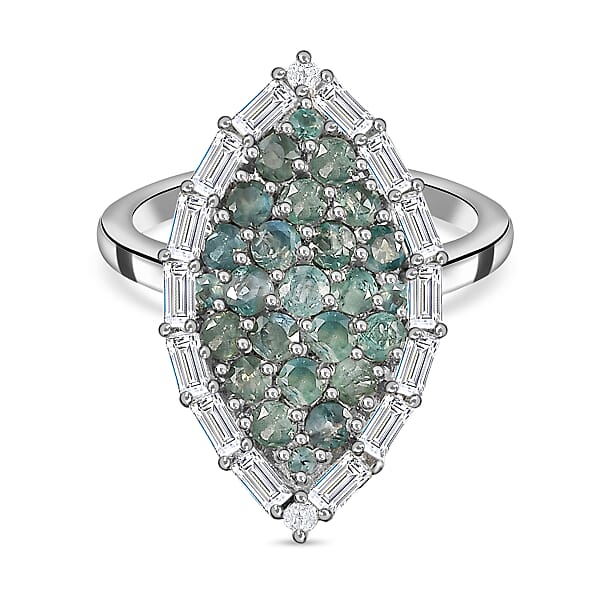 Alexandrite & Natural Zircon Cluster Ring in Platinum Overlay Sterling ...