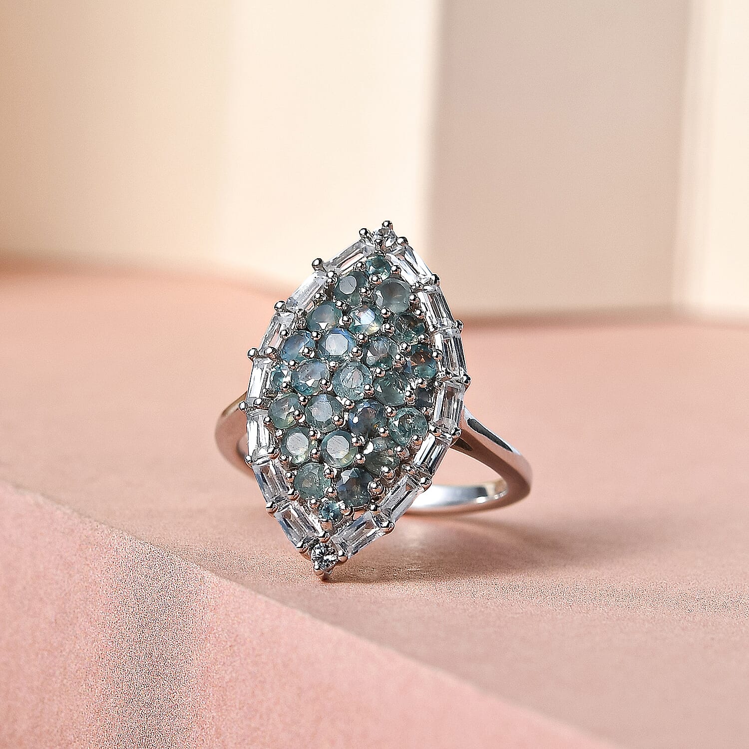 Alexandrite & Natural Zircon Cluster Ring in Platinum Overlay Sterling ...
