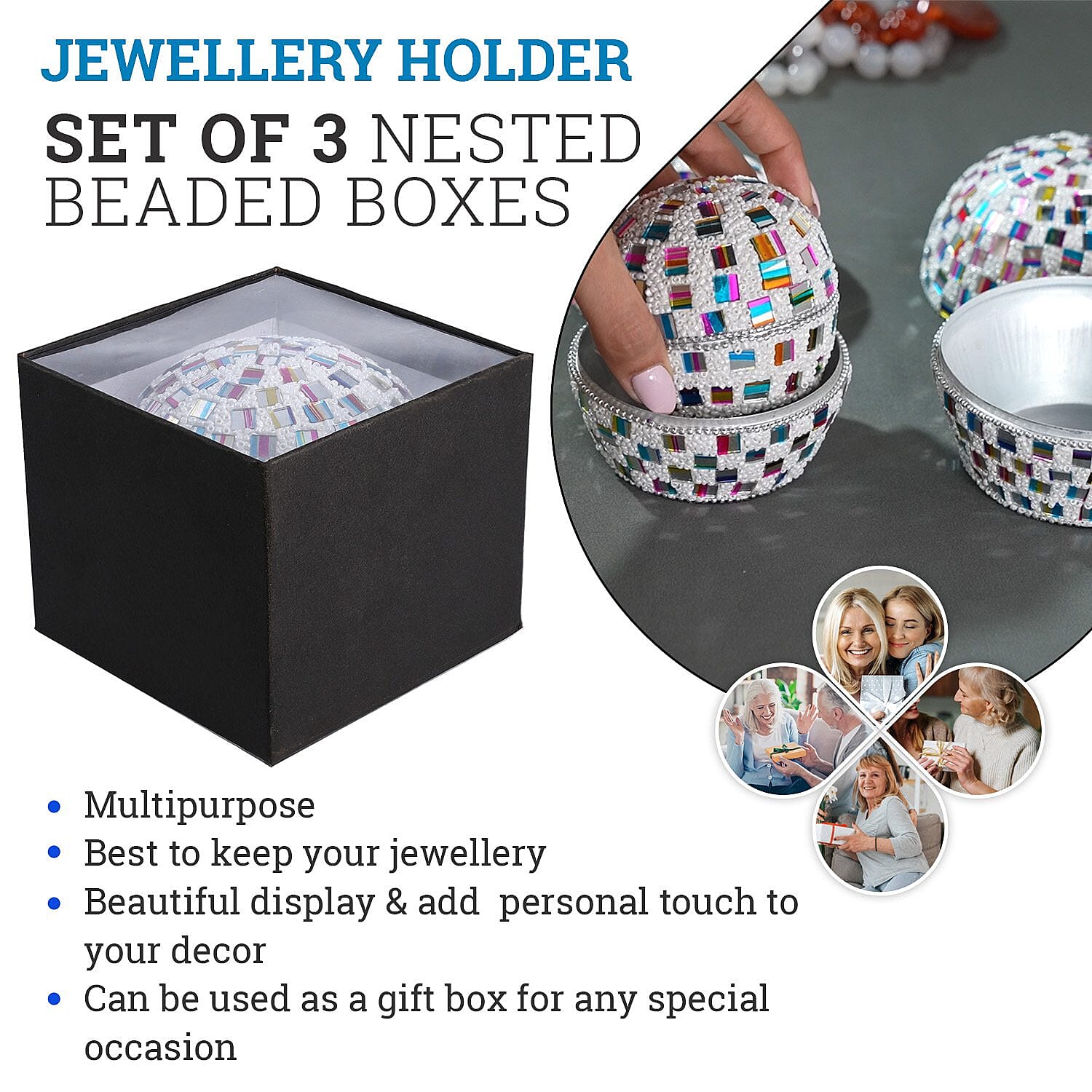 Set of 3 Round Nesting Metallic Jewellery Box - Silver & White ...