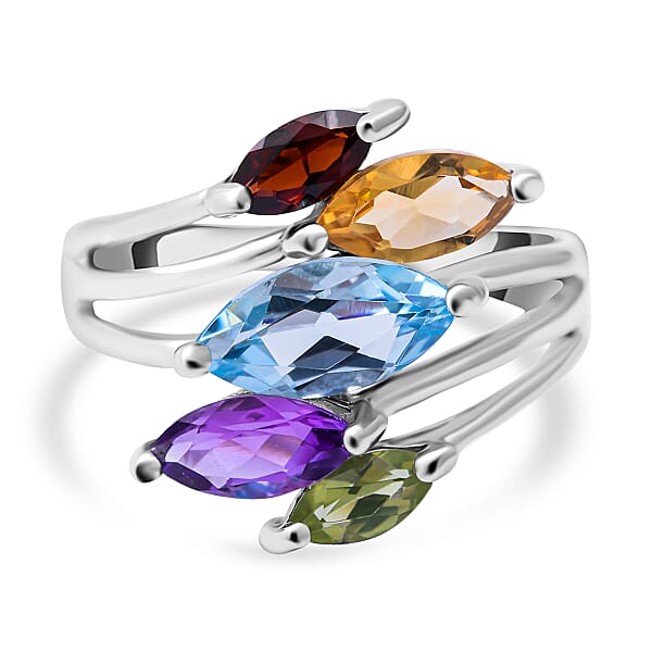 Skyblue Topaz and Multi Gemstones Bypass Ring in Rhodium Overlay ...