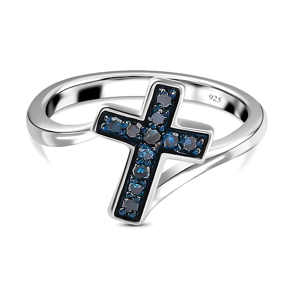 Blue Diamond Cross Ring in Platinum Overlay Sterling Silver - M7170185 ...