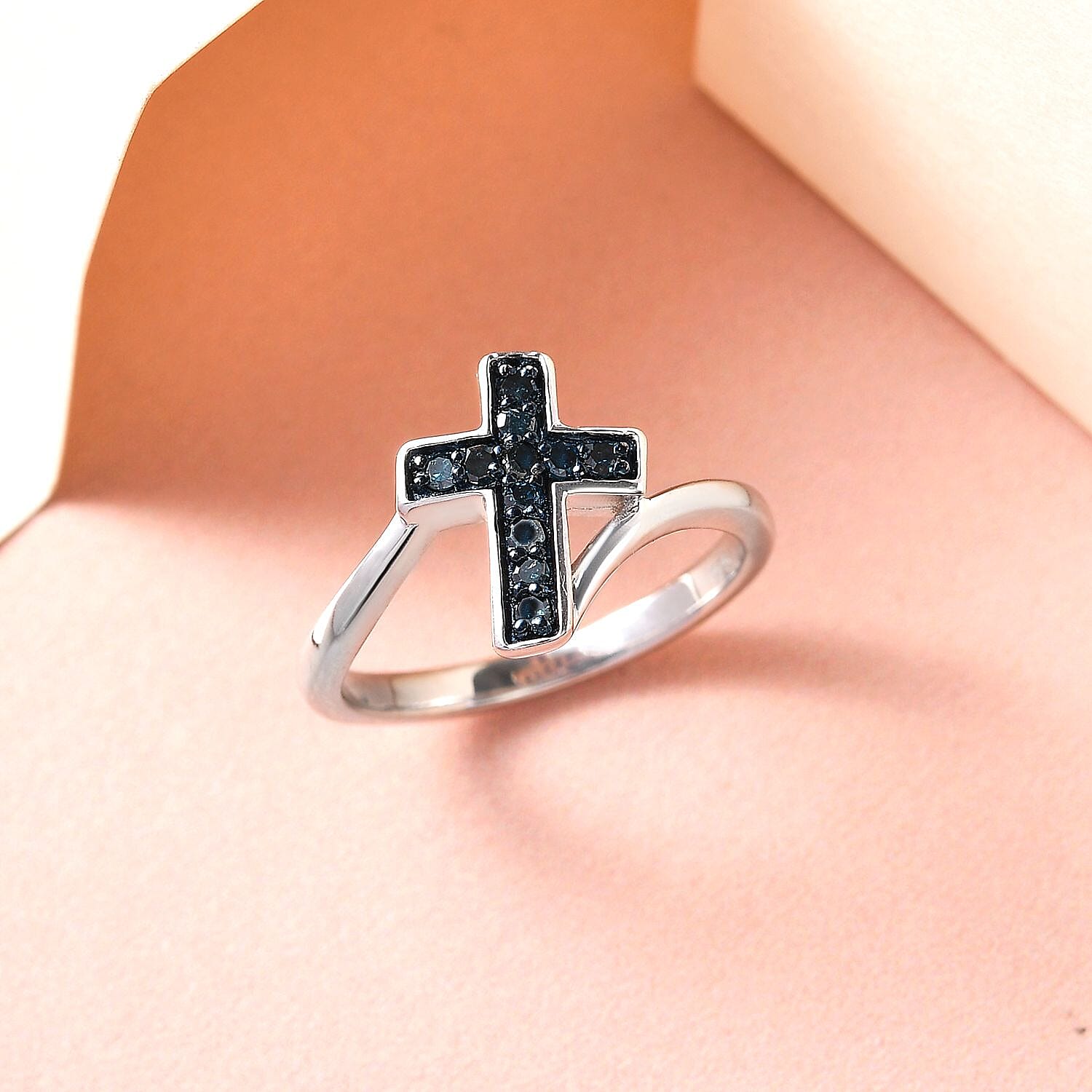 Blue Diamond Cross Ring in Platinum Overlay Sterling Silver - M7170185 ...