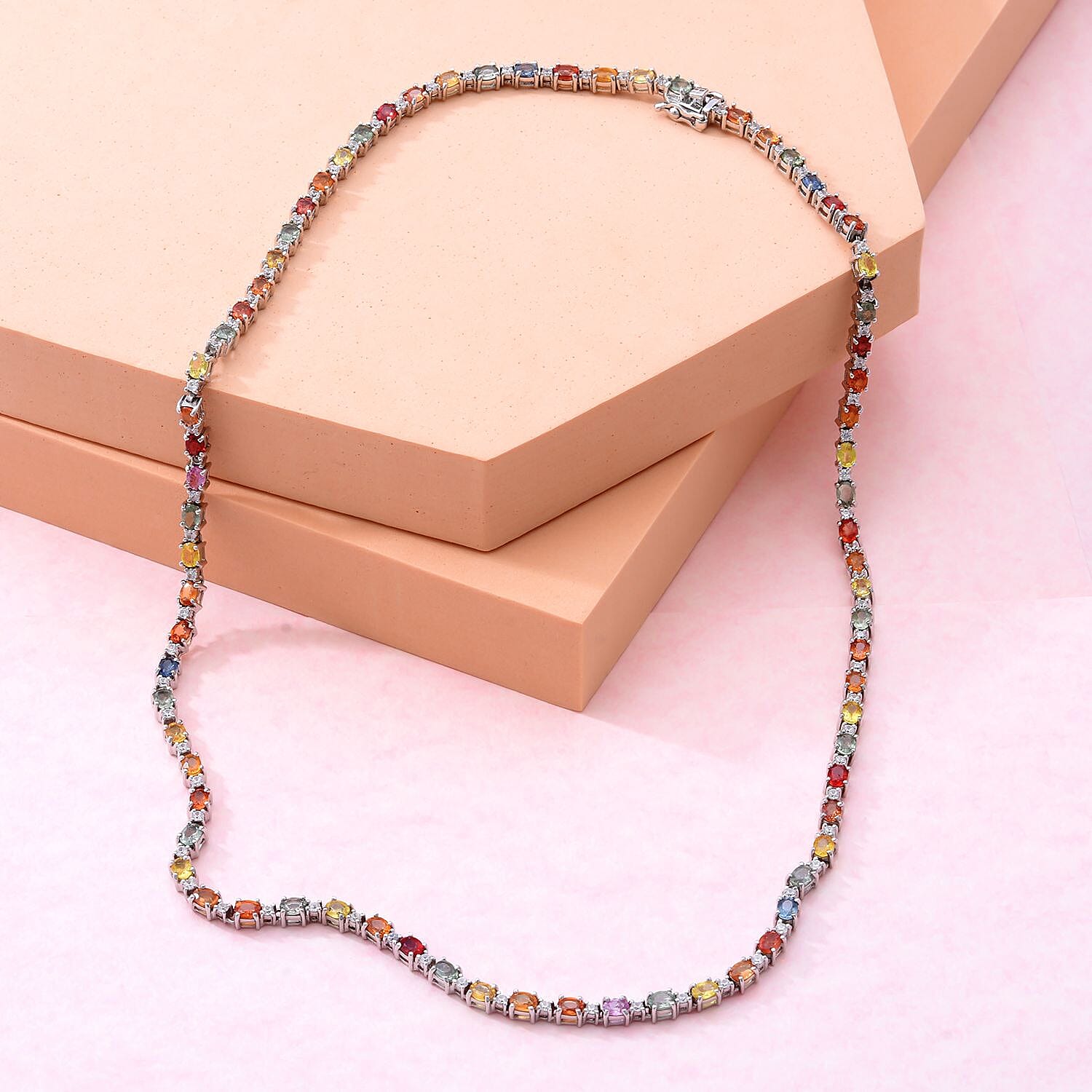 Multi Sapphire and Natural Cambodian Zircon Necklace (Size -20) in Rhodium Overlay Sterling ...