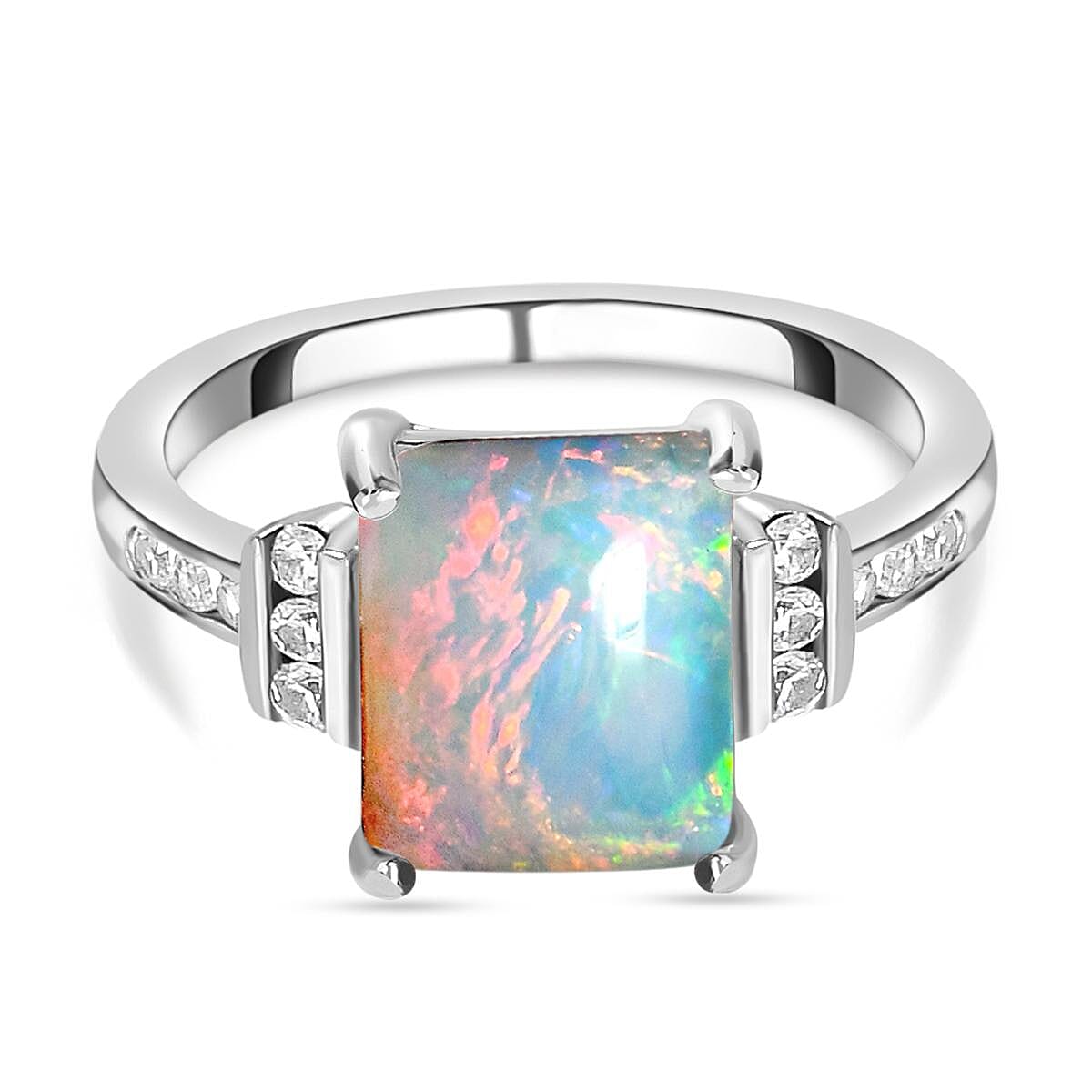 Ethiopian Welo Opal and Natural Zircon Ring in Platinum Overlay ...