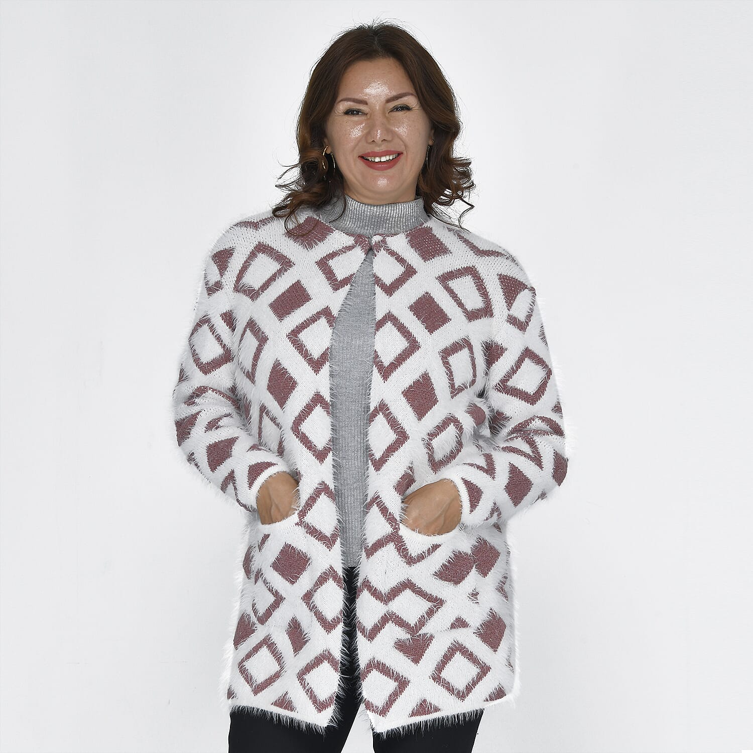 TAMSY Geometric Pattern Women's Sweater - Pink and White - 7177070 - TJC