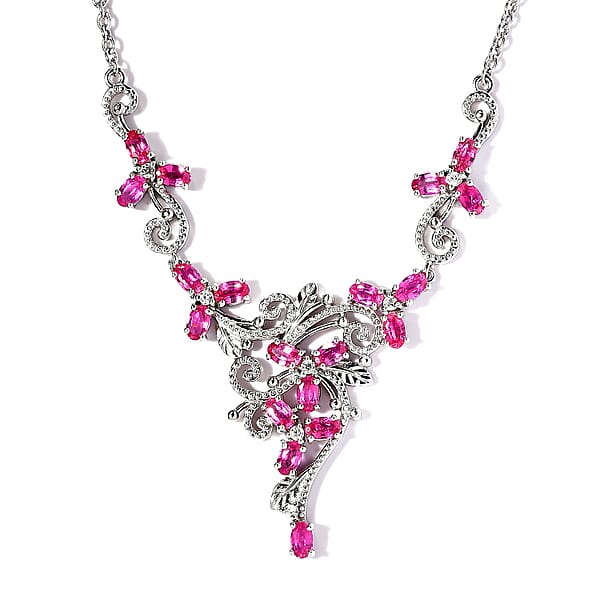 African Ruby , White Zircon Cluster Necklace (Size - 20) in Platinum ...
