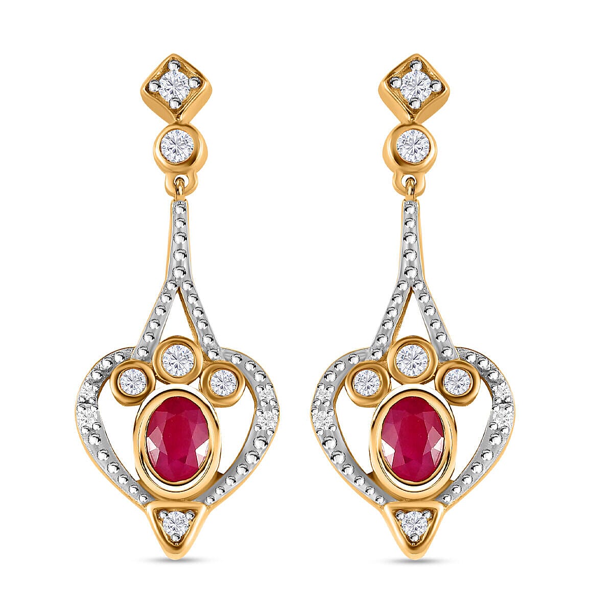 Ruby and White Zircon Dangling Earring (With Push Back) in 18K Vermeil ...