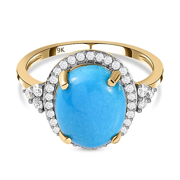 9K Yellow Gold AA Sleeping Beauty Turquoise and Moissanite Halo Ring 3. ...