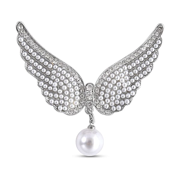 White Austrian Crystal and Simulated Pearl Angel Wings Brooch in Silver ...