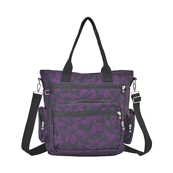 Multi Pocket Flower Pattern Tote Bag - Black and Purple - 7212938 - TJC