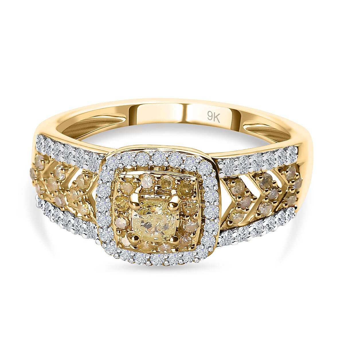 9K Yellow Gold Natural Yellow Diamond and White Diamond Cluster Ring 0. ...