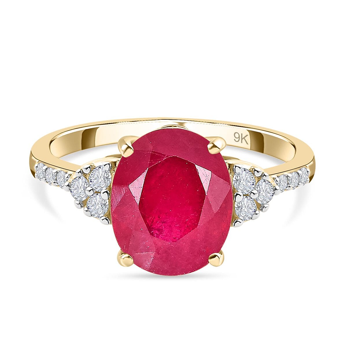 9K Yellow Gold AA Fissure Filled Ruby and Moissanite Main Stone With Side Stone Ring - 7231426 - TJC