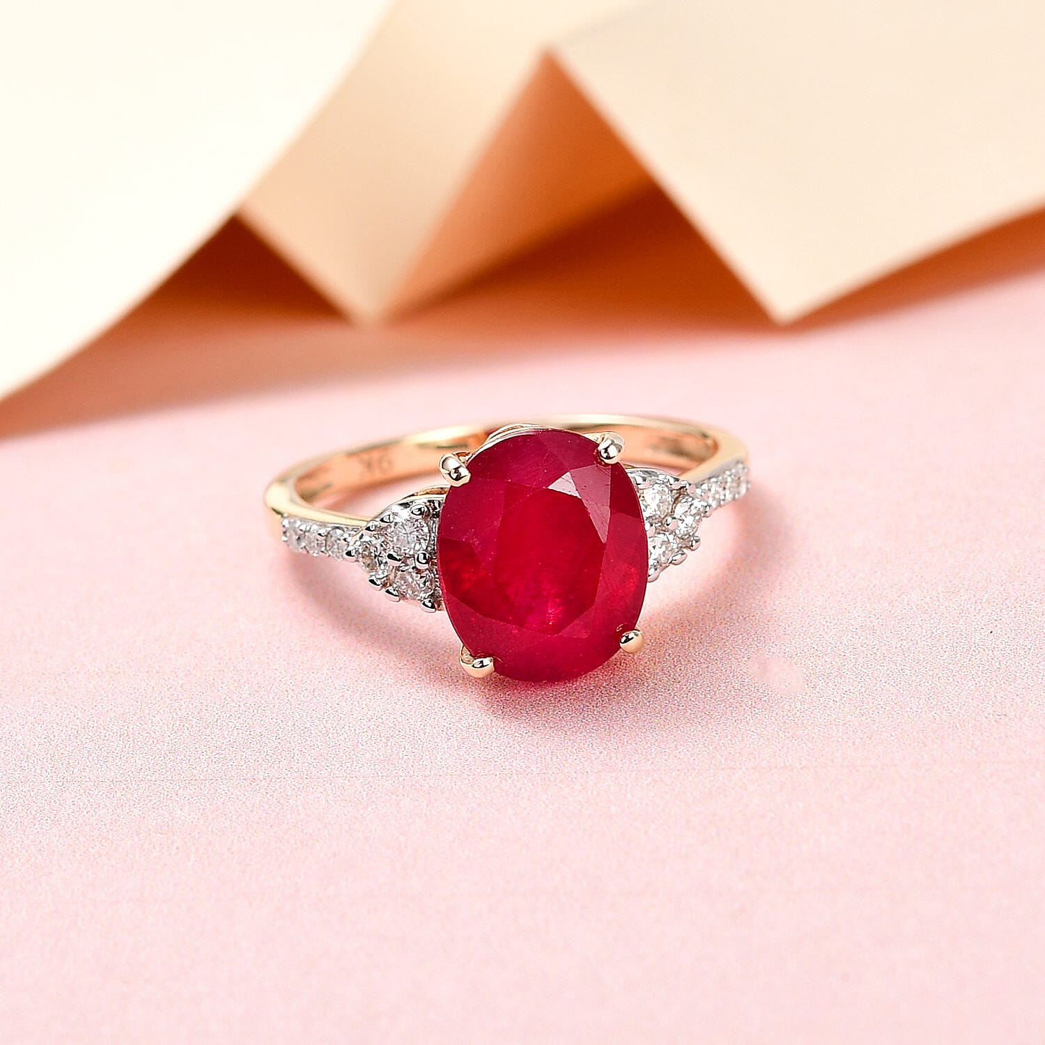 9K Yellow Gold AA Fissure Filled Ruby and Moissanite Main Stone With Side Stone Ring - 7231426 - TJC