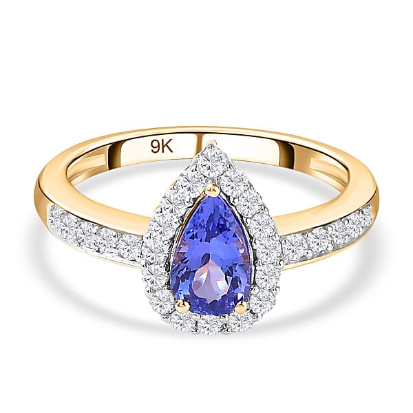 9K Yellow Gold Tanzanite and Moissanite Classic Halo Ring 1.17 Ct ...