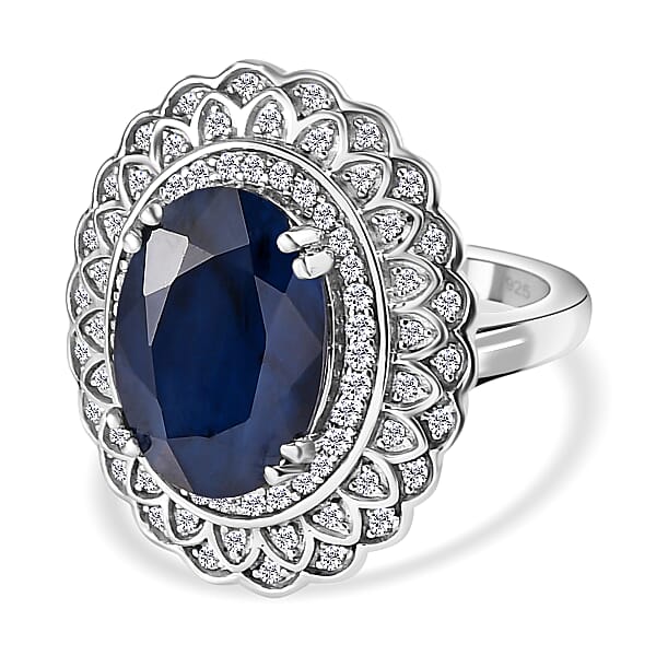 Blue Sapphire and Natural Zircon Ring in Platinum Overlay Sterling ...