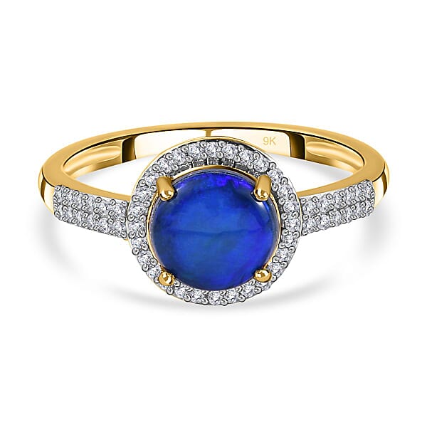 9K Yellow Gold Australian Lightning Ridge Blue Opal and Diamond Ring ...