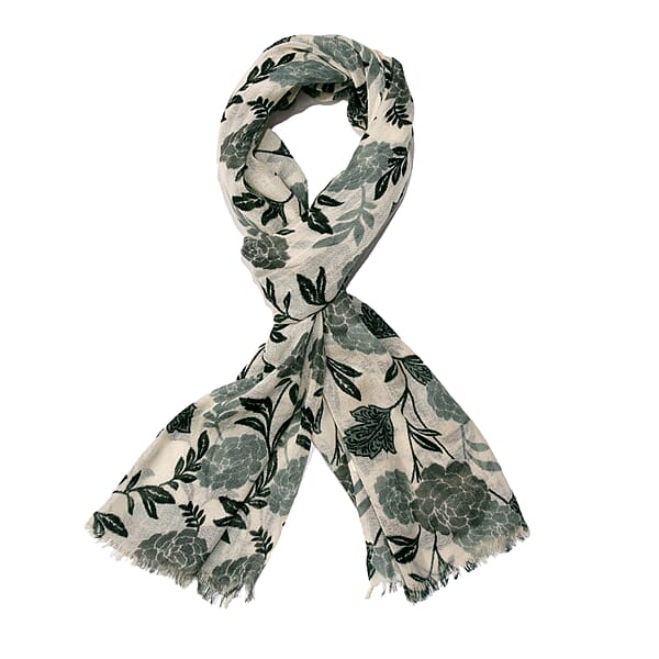100% Wool Leaf Pattern Scarf (Size 180x70 cm) - Light Green - 7253256 - TJC