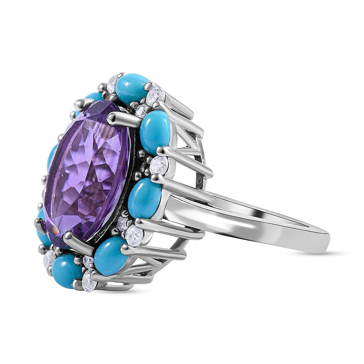Amethyst Natural Zircon and Arizona Sleeping Beauty Turquoise Ring in Rhodium Overlay Sterling Silver 7.66 Ct