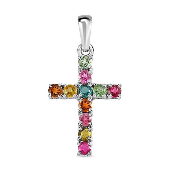 9K White Gold Multi-Tourmaline Cross Pendant - 7257788 - TJC