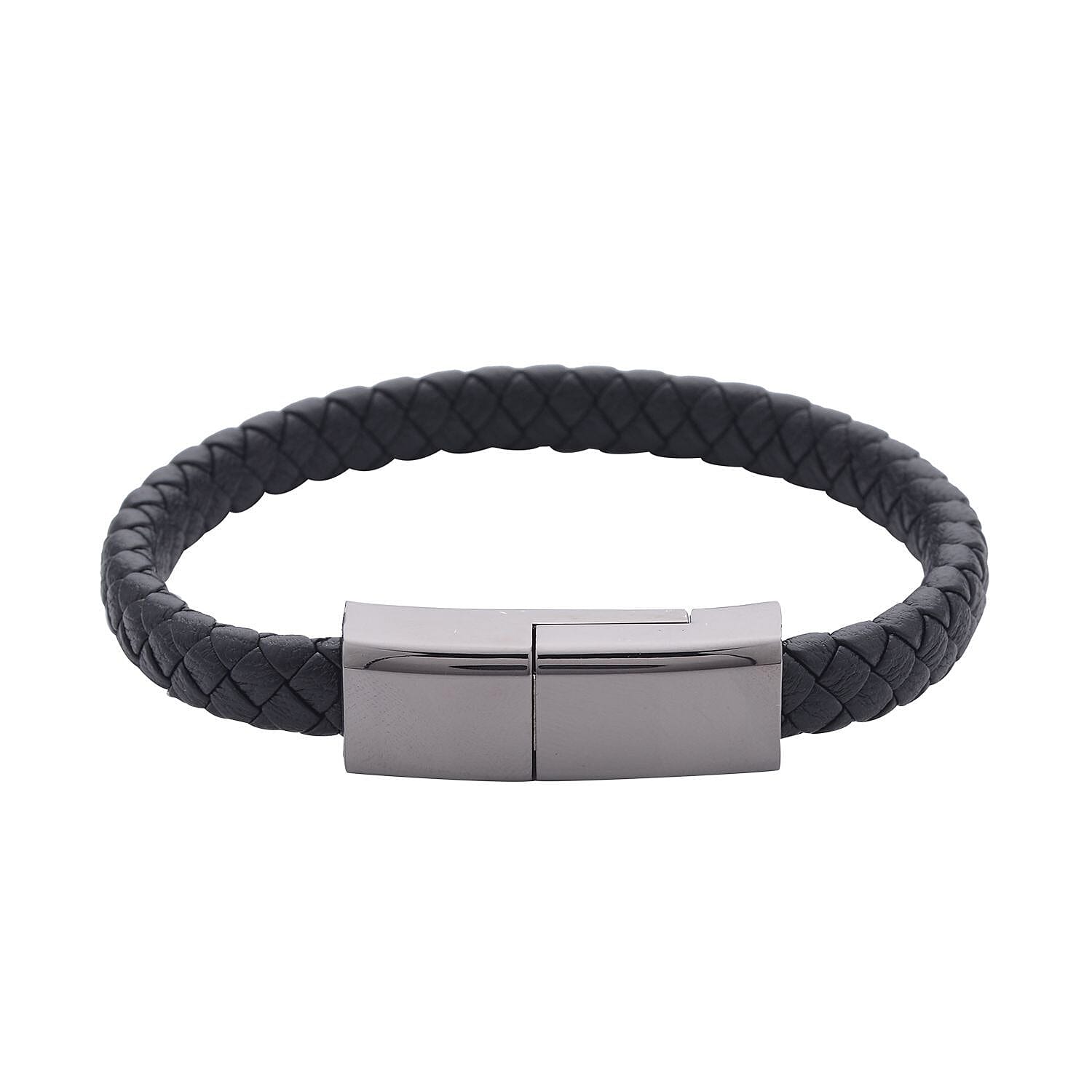 Leather USB Charging Cable Bracelet Size 7.5 in Black Tone
