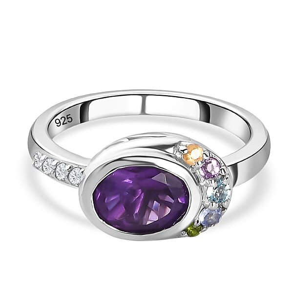 GP- African Amethyst And Multi gemstones Fancy Ring in Platinum Overlay ...